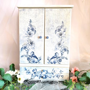 Tall Hard Wood Blue and White Jewelry Box, Decoupage blue Bird and ...