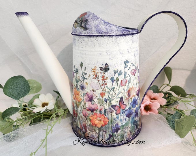 Decoupage Metal Watering Can "fall Wild Flowers", Hand Painted Watering ...
