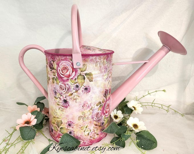 Large Watering Can Decoupage "pink Rose Flowers", 1.5 Gallons Metal ...