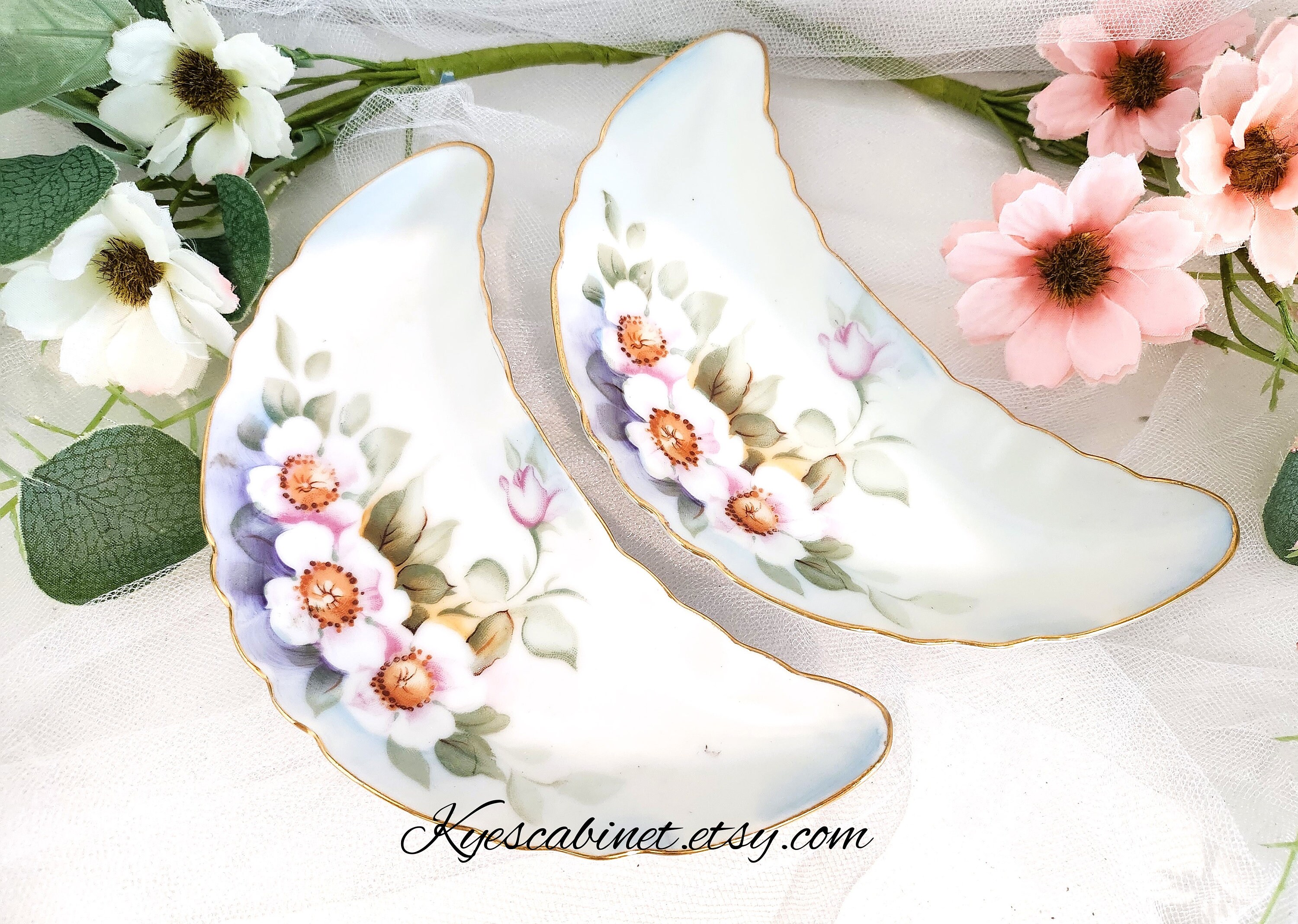 Lefton China Crescent Bone Dishes: Magnolia Floral Side Plates, Set of ...