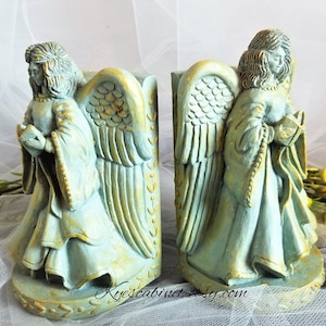 Angel Bookends Holding Bible, Hand Painted Golden Blue Angel Bookends ...