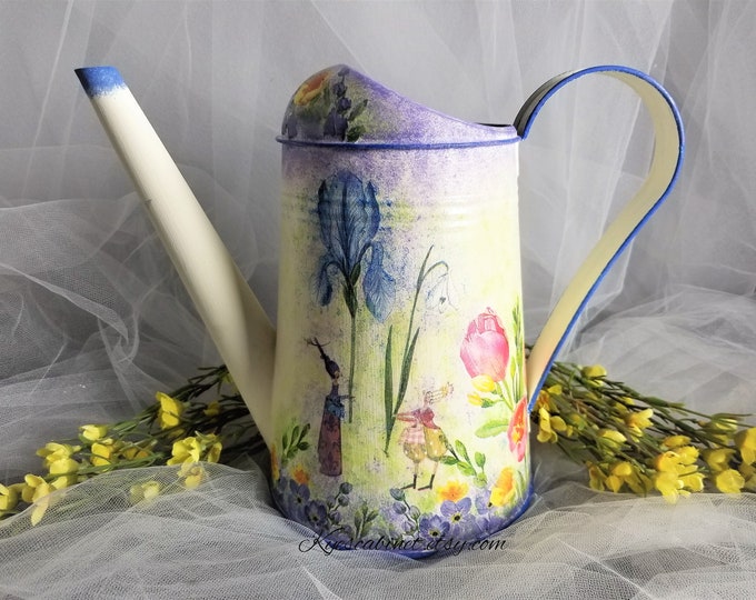 Metal Watering Can Decoupage "flower Fairy Garden", Hand Painted ...