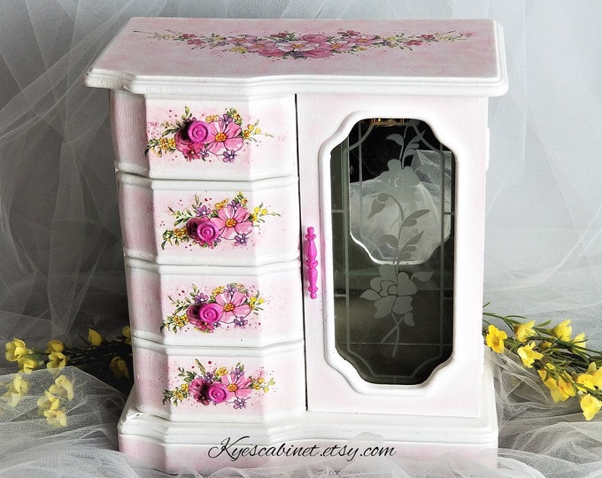Girls Pink Jewelry Box Decoupage "pink Flowers", Hand Painted Jewelry ...