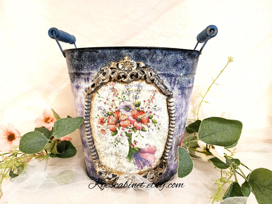 Handcrafted Decoupage Metal Basket: Hand-painted Floral Design - Etsy