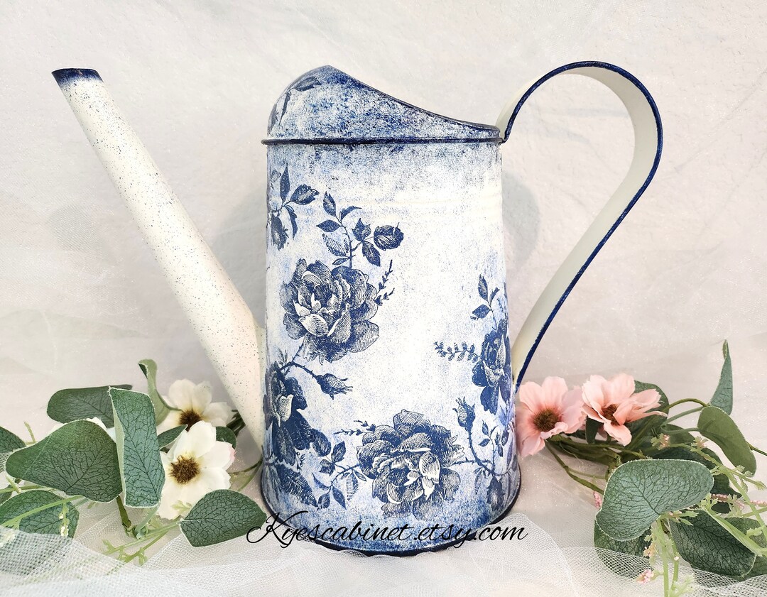 Metal Watering Can Decoupage blue Roses, Hand Painted Watering Pitcher ...