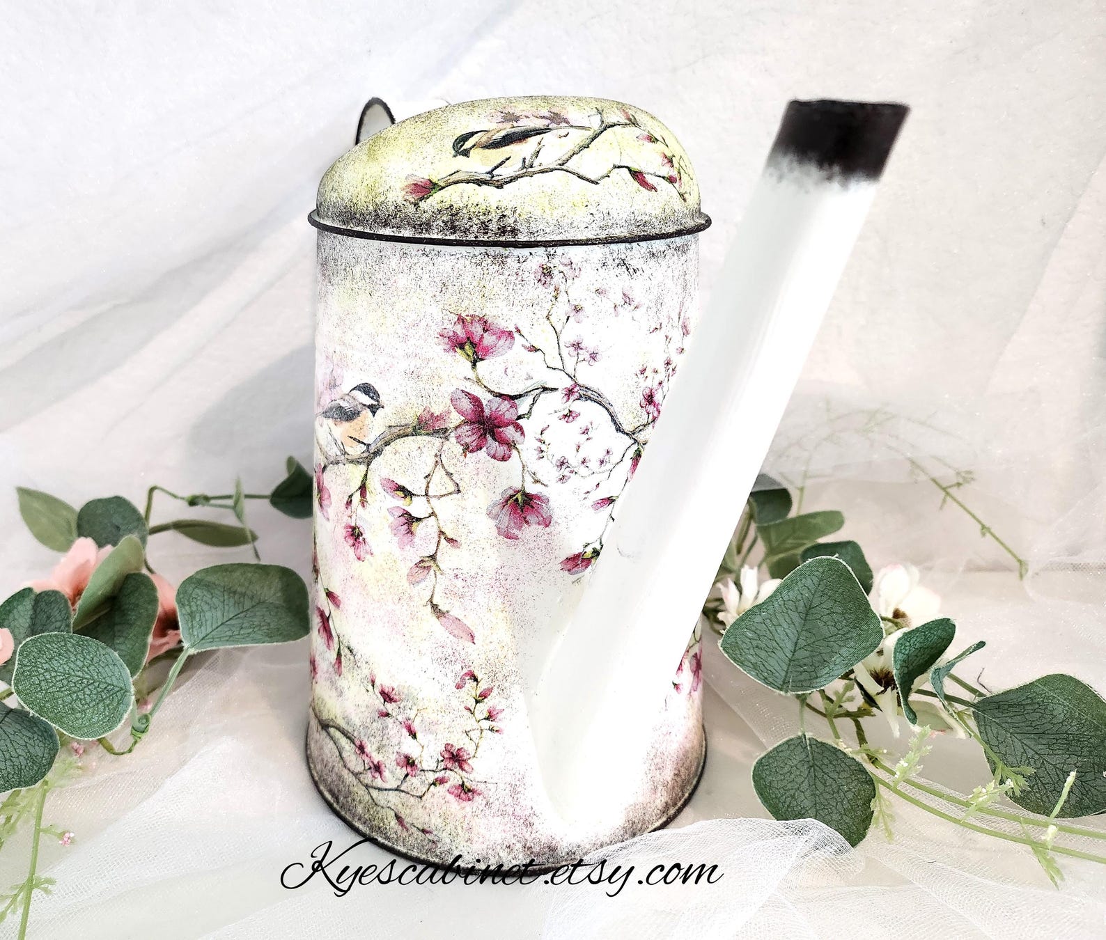 Hand Painted Metal Watering Can: Decoupage Magnolia and Bird ...