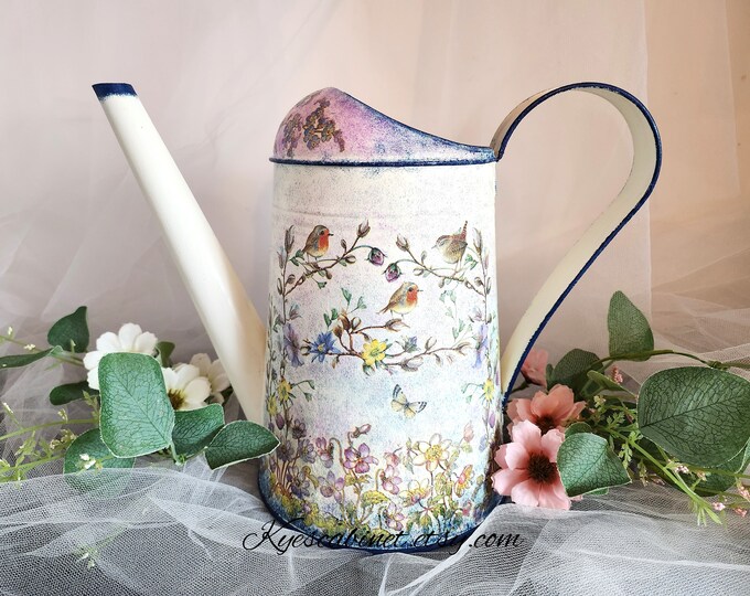 Decoupage Metal Watering Can "birds and Birdhouse", Hand Painted ...