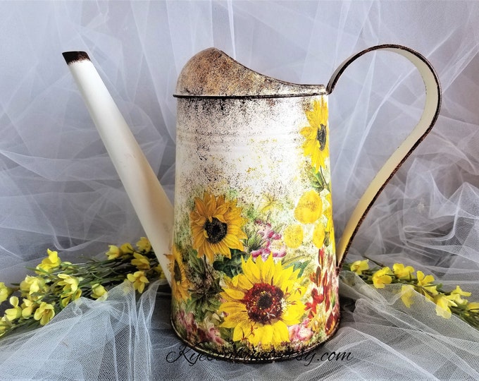 Metal Watering Can Decoupage "sunflowers Garden", Hand Painted Watering ...