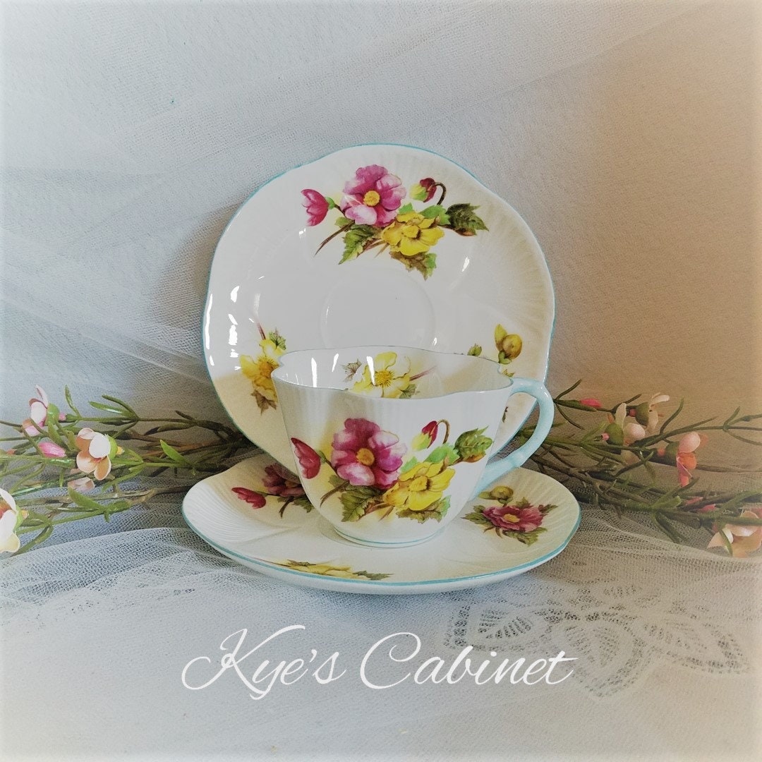 Elegant Shelley Fine Bone China begonia Teacup and Two Saucer Set, Blue ...