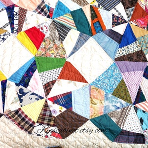 Vintage Patchwork Quilt With Octagon Pattern, Homemade Farmhouse Quilt ...