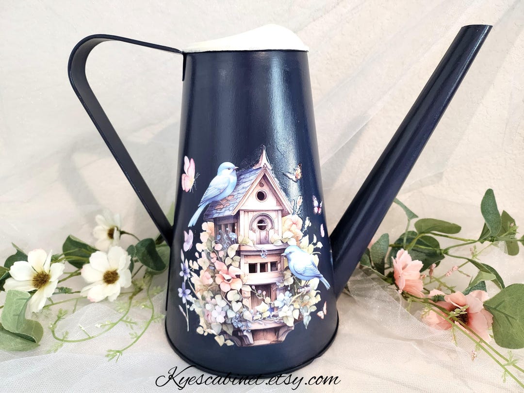 Decoupage Metal Watering Can "lovely Birdhouse", Hand Painted Watering ...