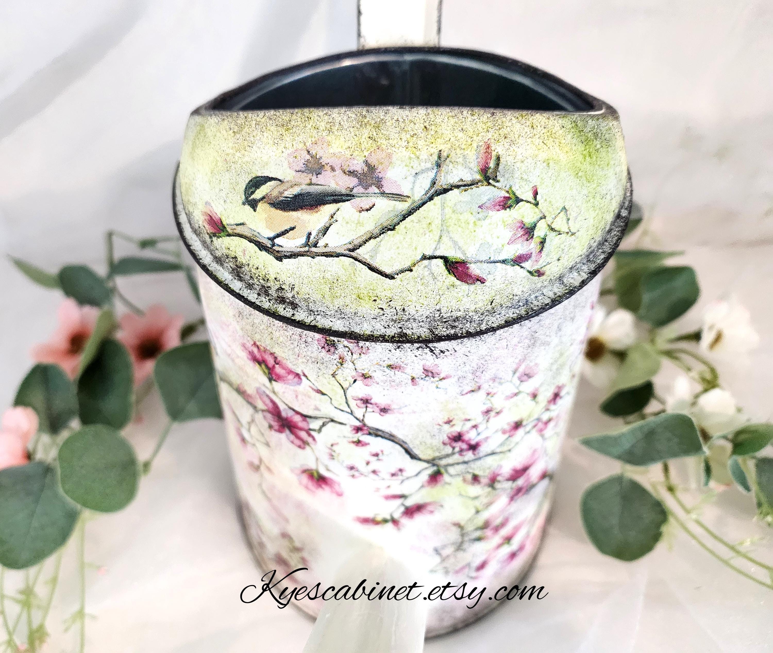 Hand Painted Metal Watering Can: Decoupage Magnolia and Bird ...
