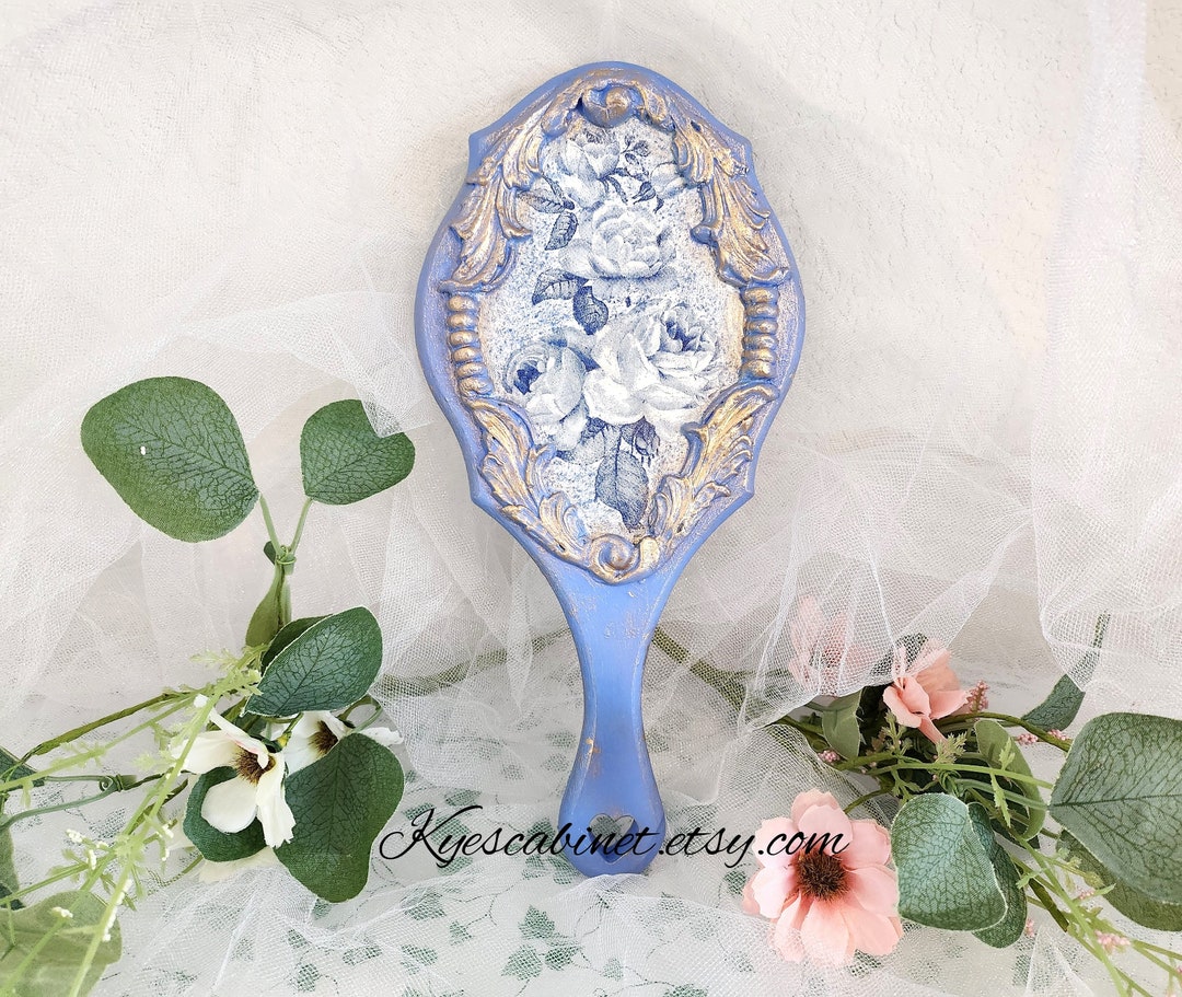 Decoupage blue Rose Hand Mirror, Hand Crafted Vanity Hand Mirror ...