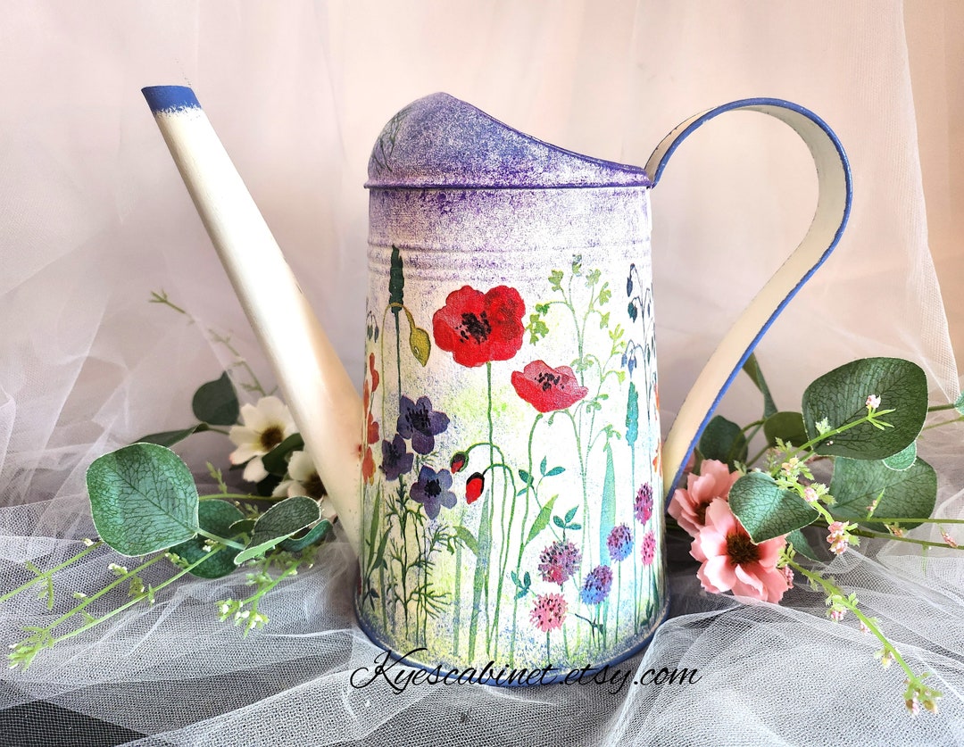 Decoupage Metal Watering Can wildflowers, Hand Painted Watering Pitcher ...