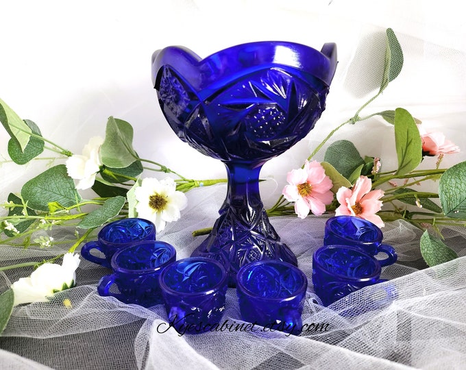 Cobalt Blue Glass Mini Punch Bowl and 6 Cups Set, Blue Pedestal Bowl ...