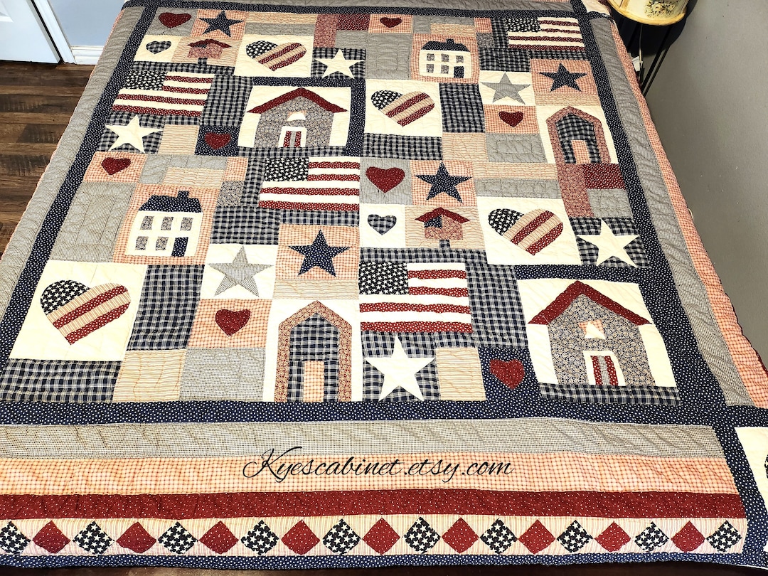 Vintage Patriotic Patchwork Quilt, Red Whit Blue Americana Quilt, Stars Stripes Hearts Home ...