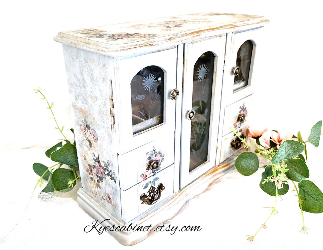 Floral Decoupage Jewelry Box, Hand Painted Grey Jewelry Box, Upcycled ...