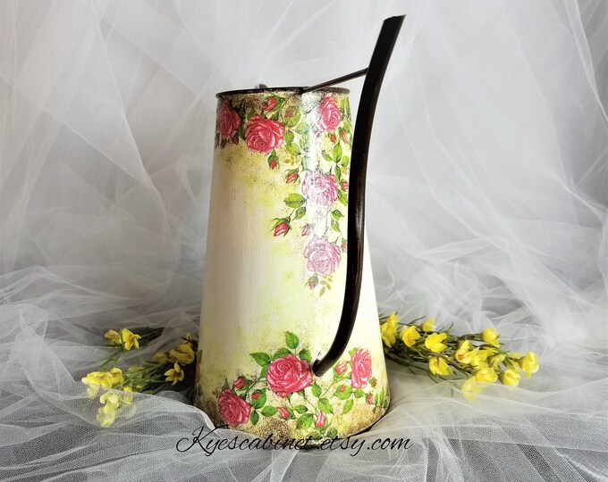 Indoor Watering Can Decoupage "red Rose Garden", Hand Painted Metal ...