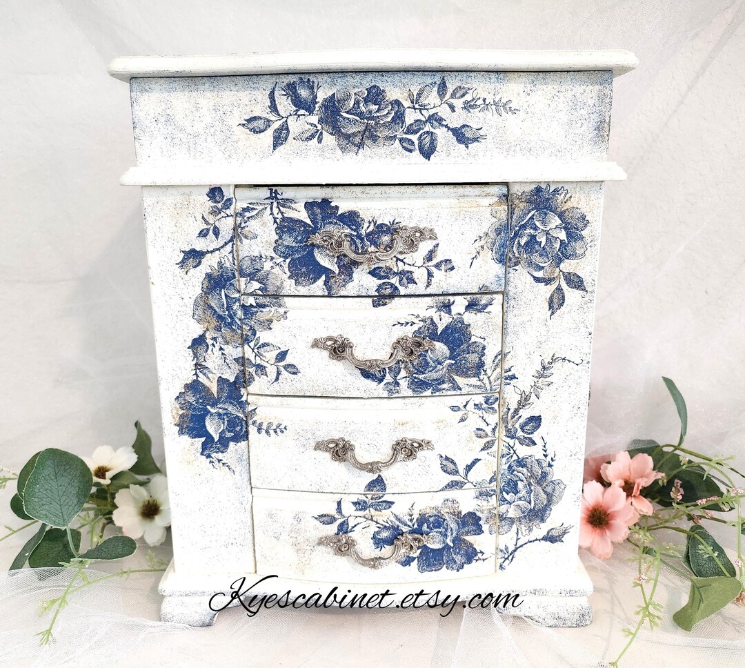 Decoupage Jewelry Box "blue Roses", Hand Painted Wood Jewelry Box ...