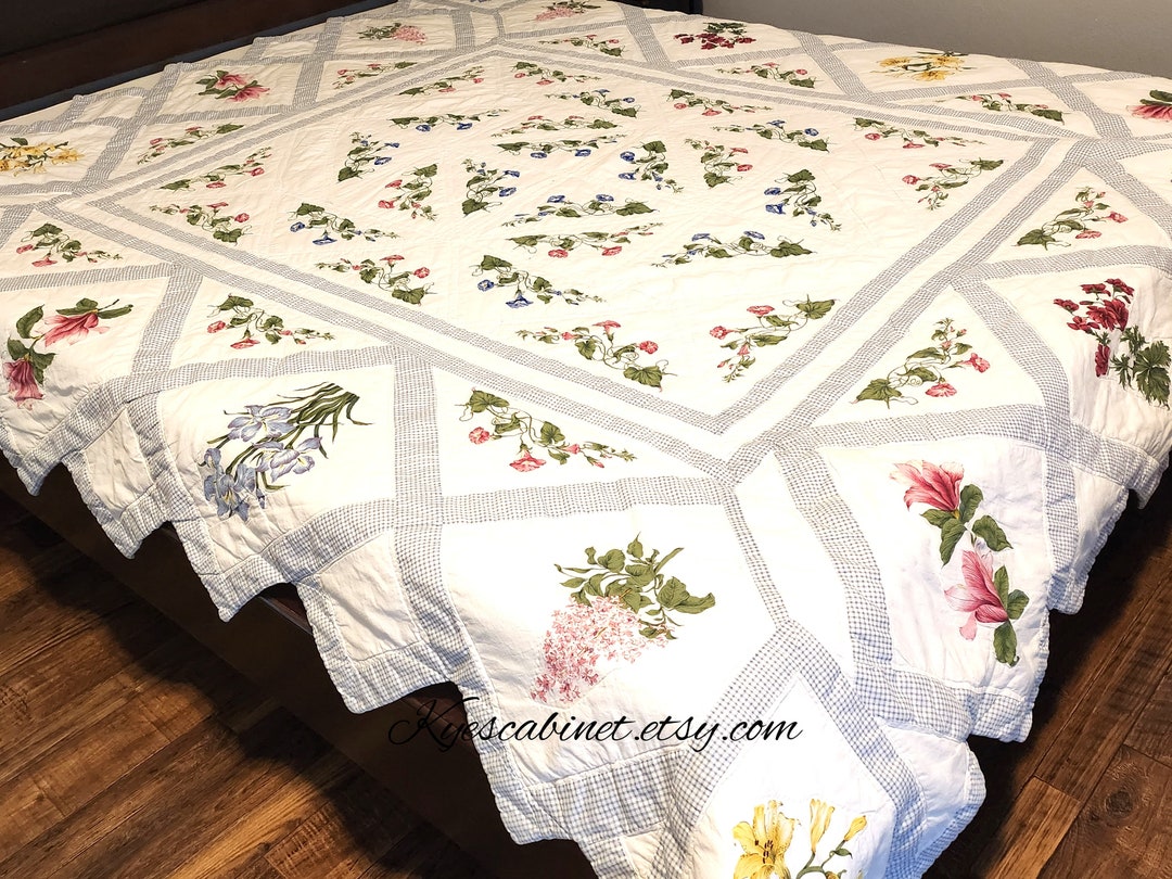 Vintage Botanical Flowers Print Block Quilt, Morning Glory Quilt, 86 X ...
