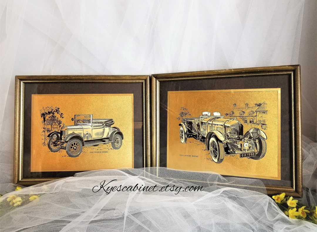 Set of 2 Framed Antique Car Etching Print on Gold Foil 1924 - Etsy
