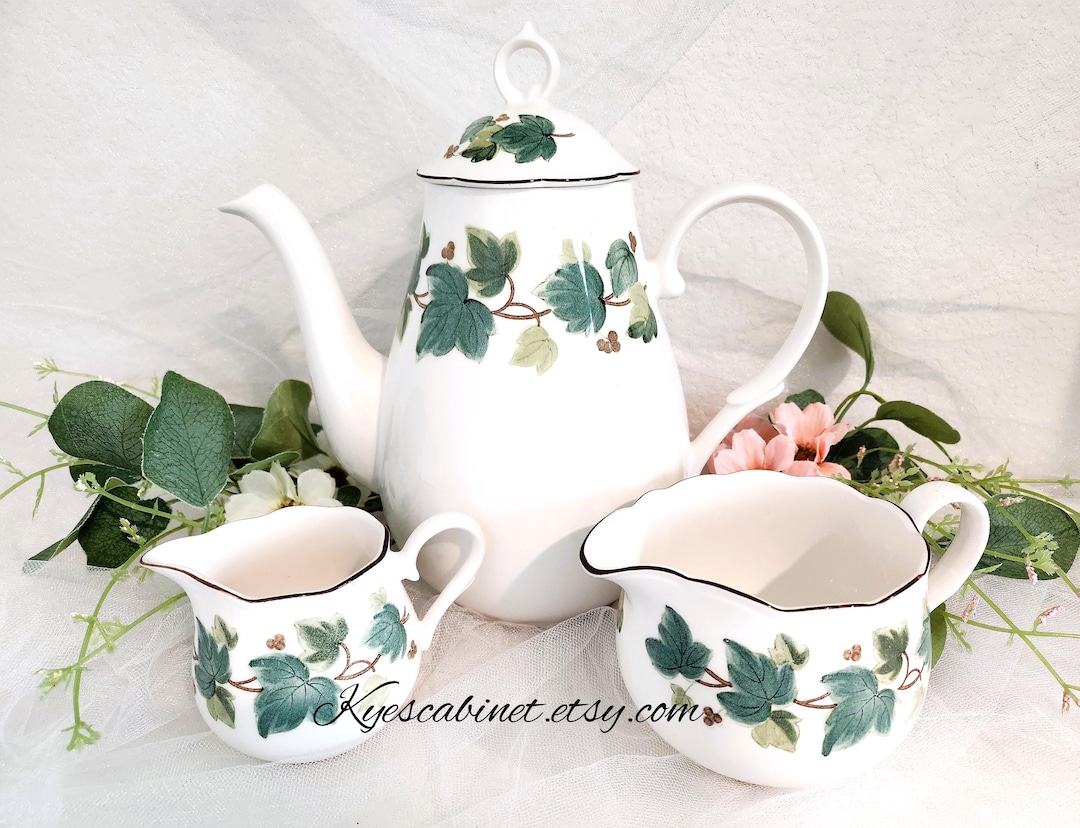 Nikko Greenwood Ivy Teapot Set of 3, Lidded Coffee Pot, Creamer, Sauce ...