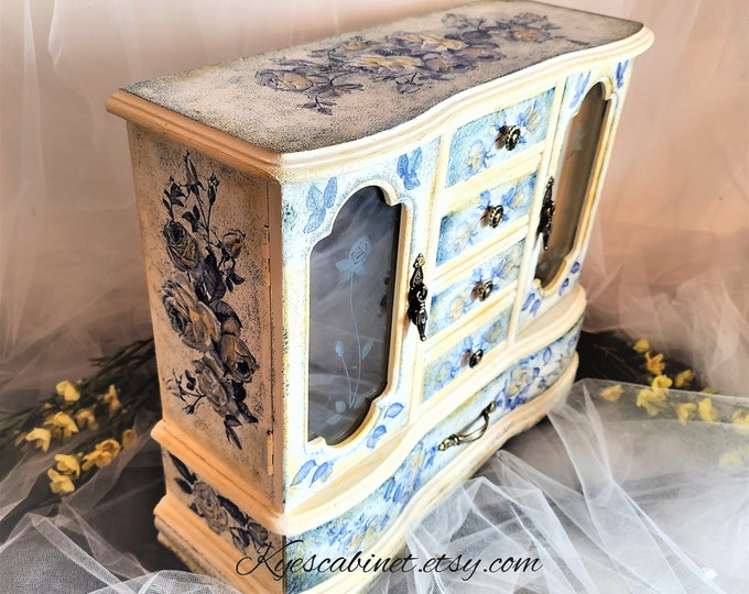 Hand Painted Blue Jewelry Box, Decoupage blue Rose Jewelry Box, Antique ...