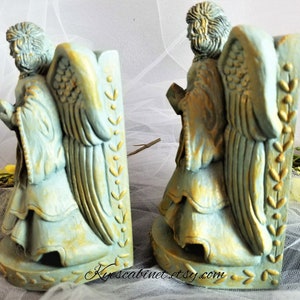 Angel Bookends Holding Bible, Hand Painted Golden Blue Angel Bookends ...