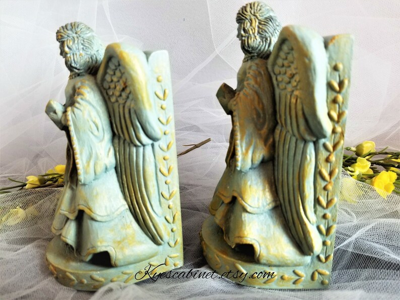 Angel Bookends Holding Bible Hand Painted Golden Blue Angel - Etsy