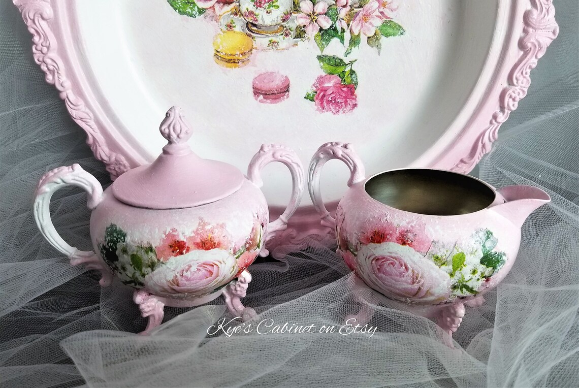 Hand Painted Shabby Pink Silver Plated Teapot Set with Footed | Etsy
