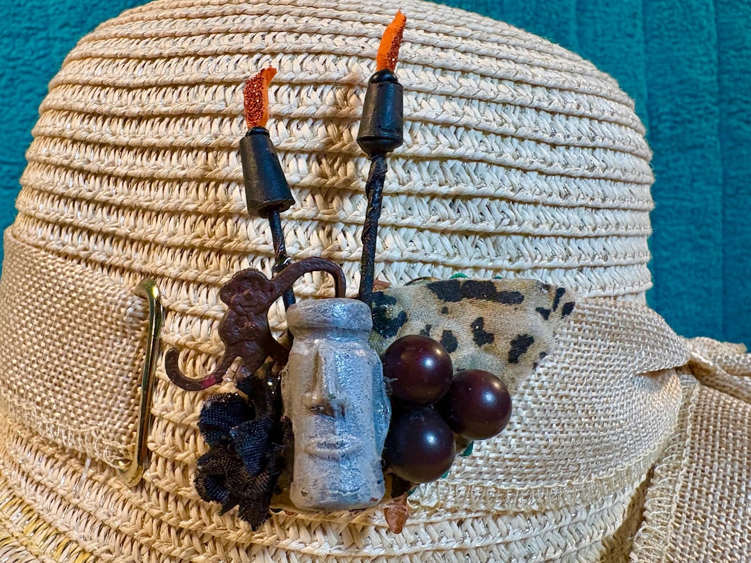 Mini Easter Island Idol Moai Tiki Torch Monkey Flowers HAT FOB Ribbon ...
