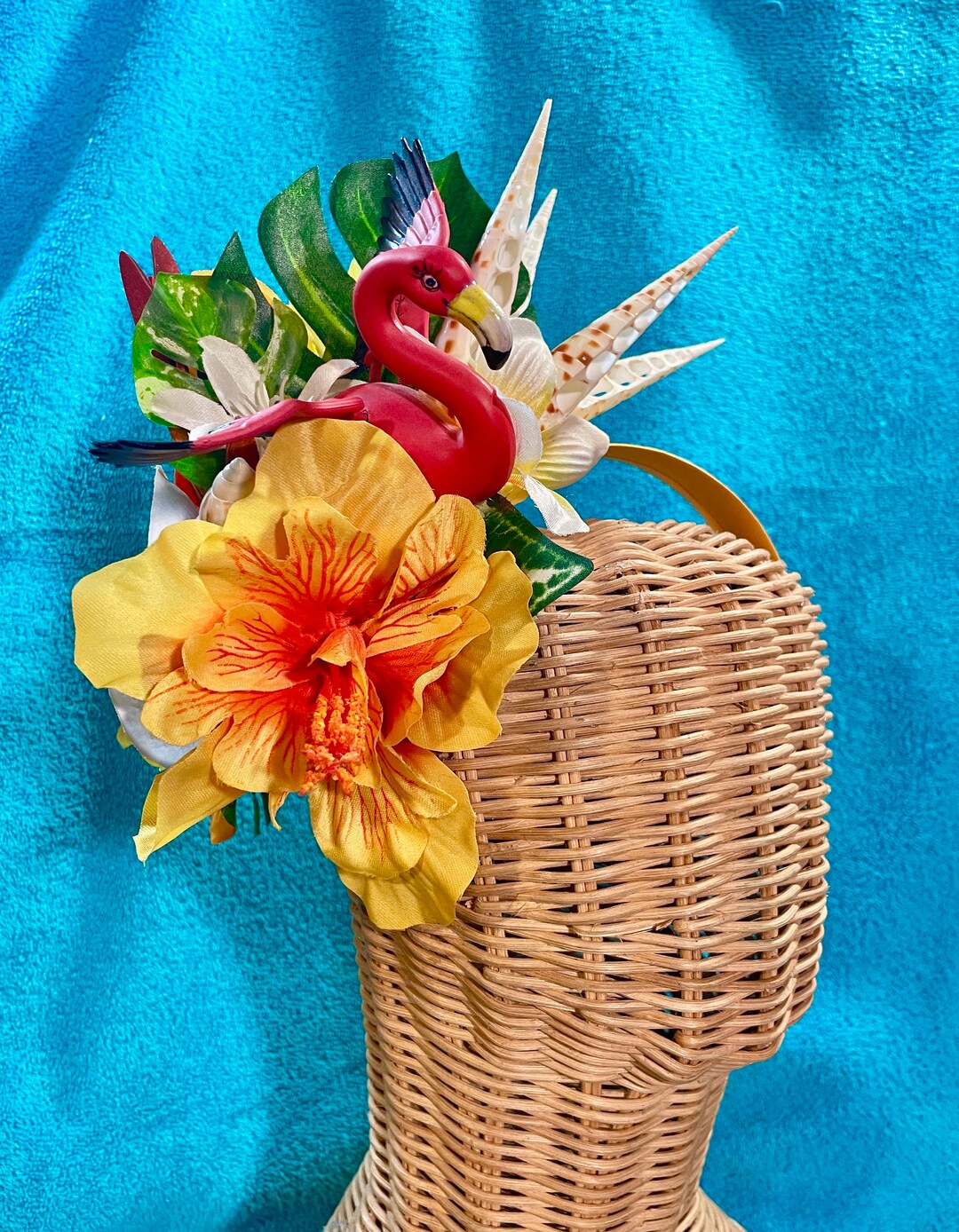 FLYING FLAMINGO Flapping Wings on Springs Seashells Tropical Bird of Paradise Headband ...