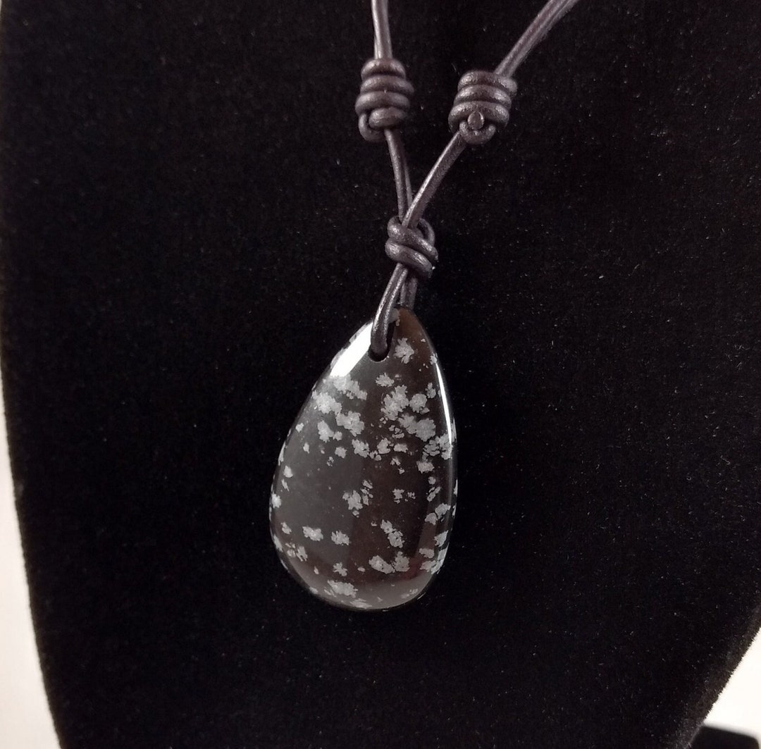 Snowflake Obsidian Pendant Adjustable Leather Necklace Handmade by ...