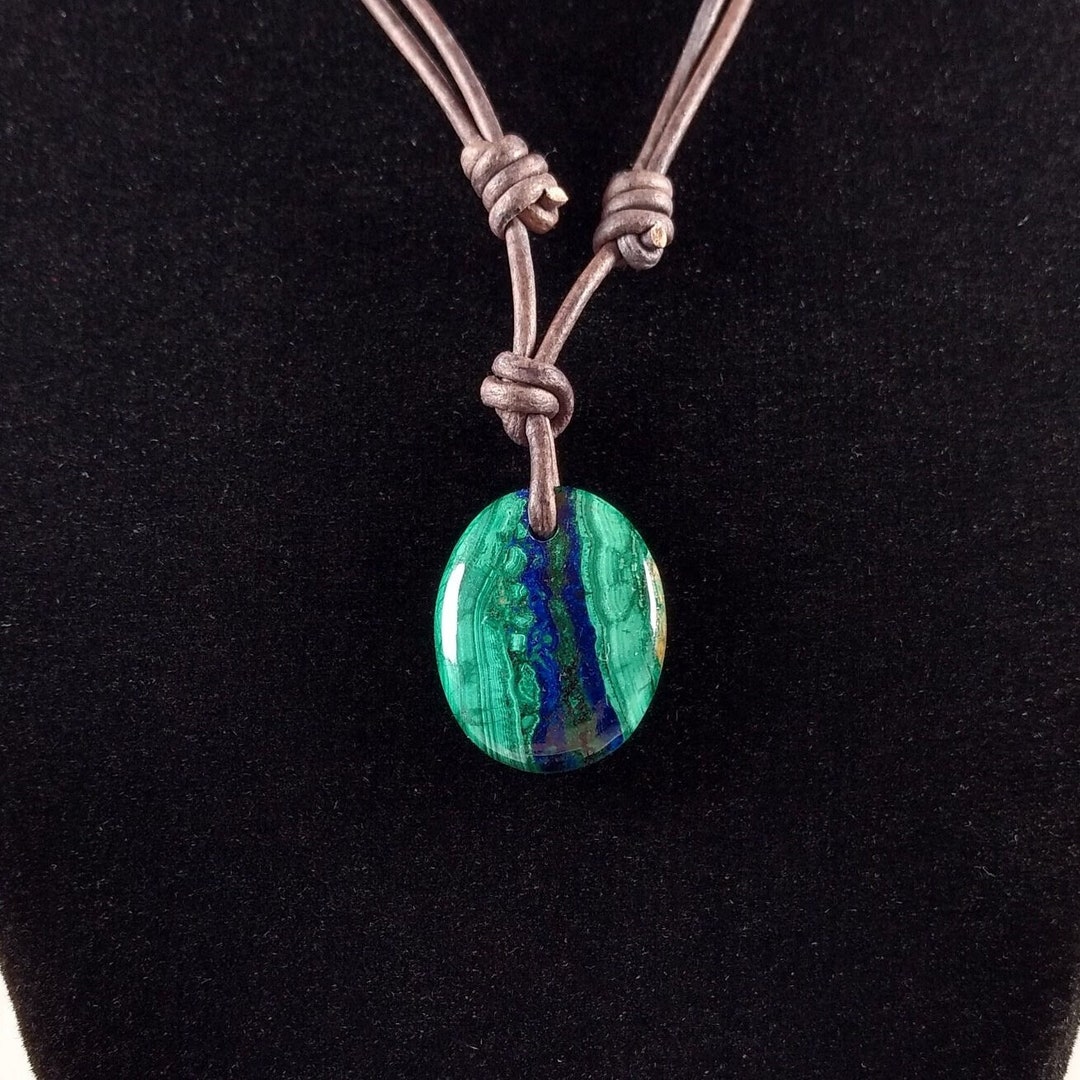 Malachite and Azurite Pendant Adjustable Leather Necklace Handmade by ...