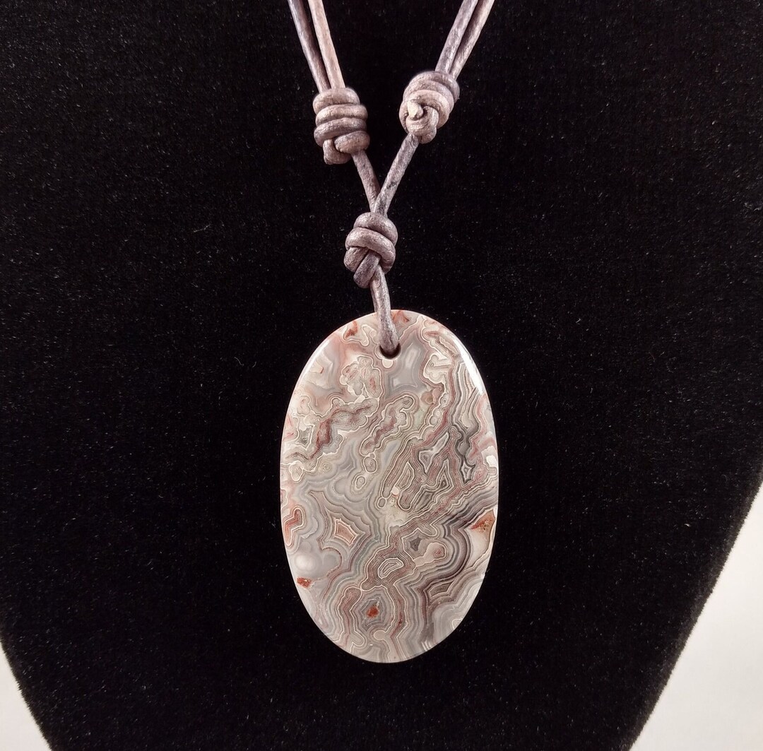 Crazy Lace Agate Pendant Adjustable Leather Necklace Handmade by Chris ...