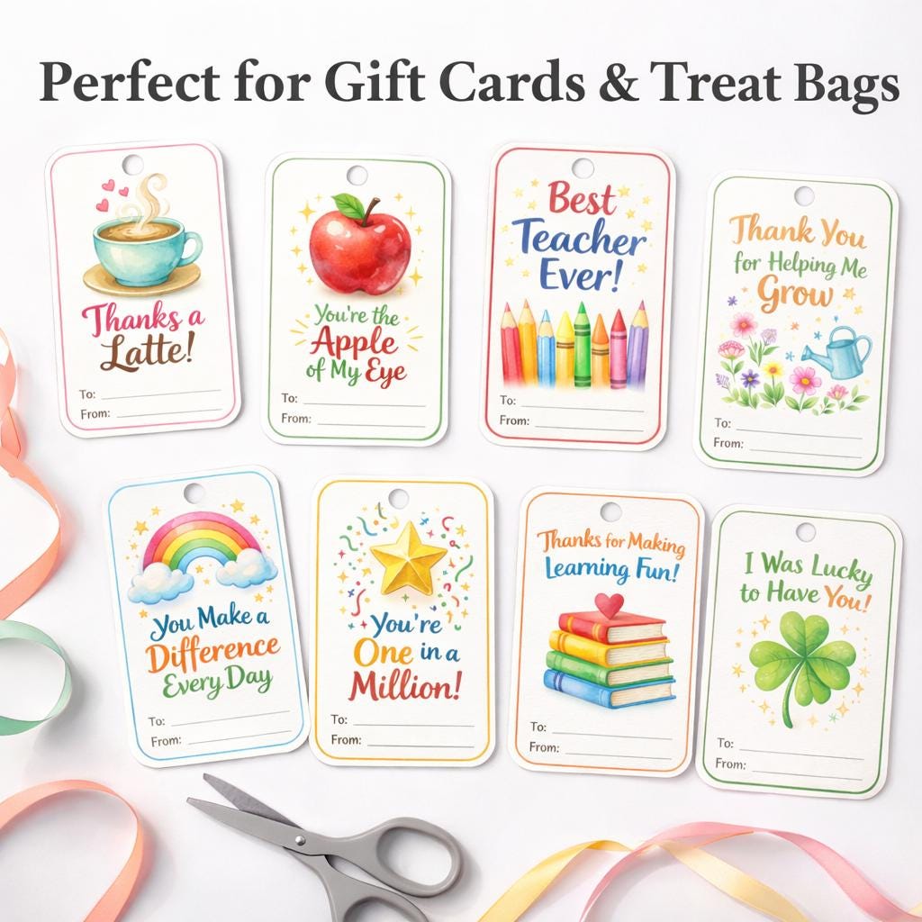 Teacher Gift Tags Printable Bundle PDF | 8 Tags | Teacher Appreciation ...