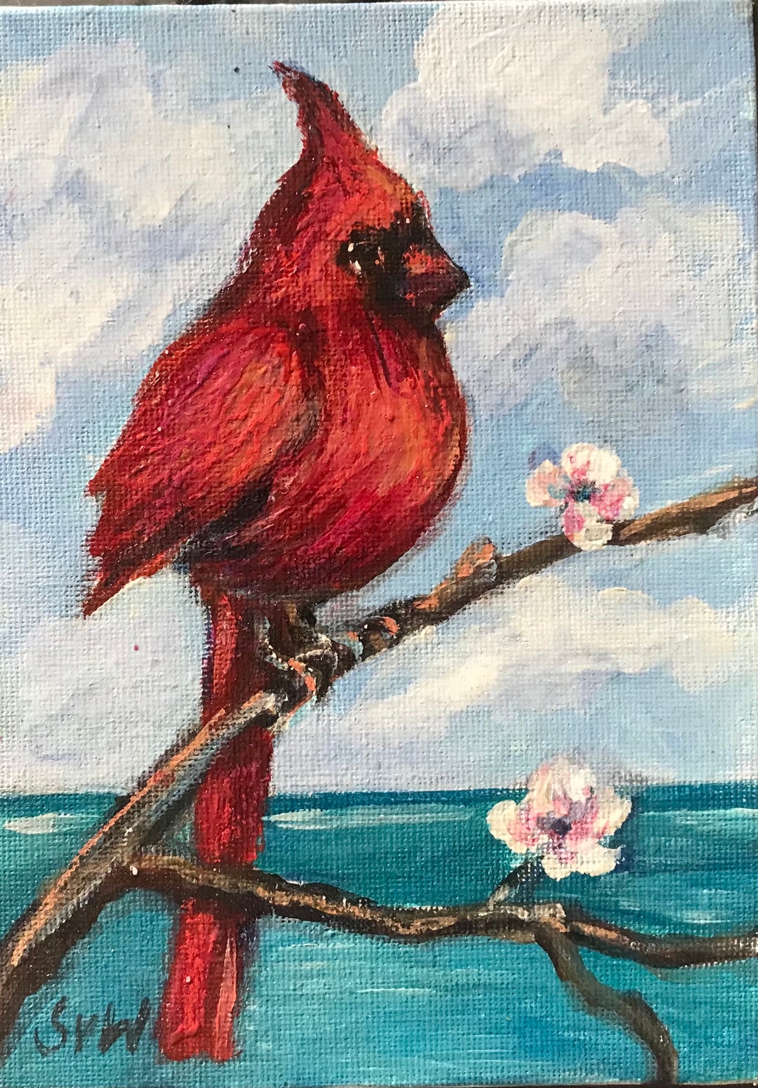 Red Cardinal Bird Original Painting ,bird,painting ,5 X 7”,original Art ...