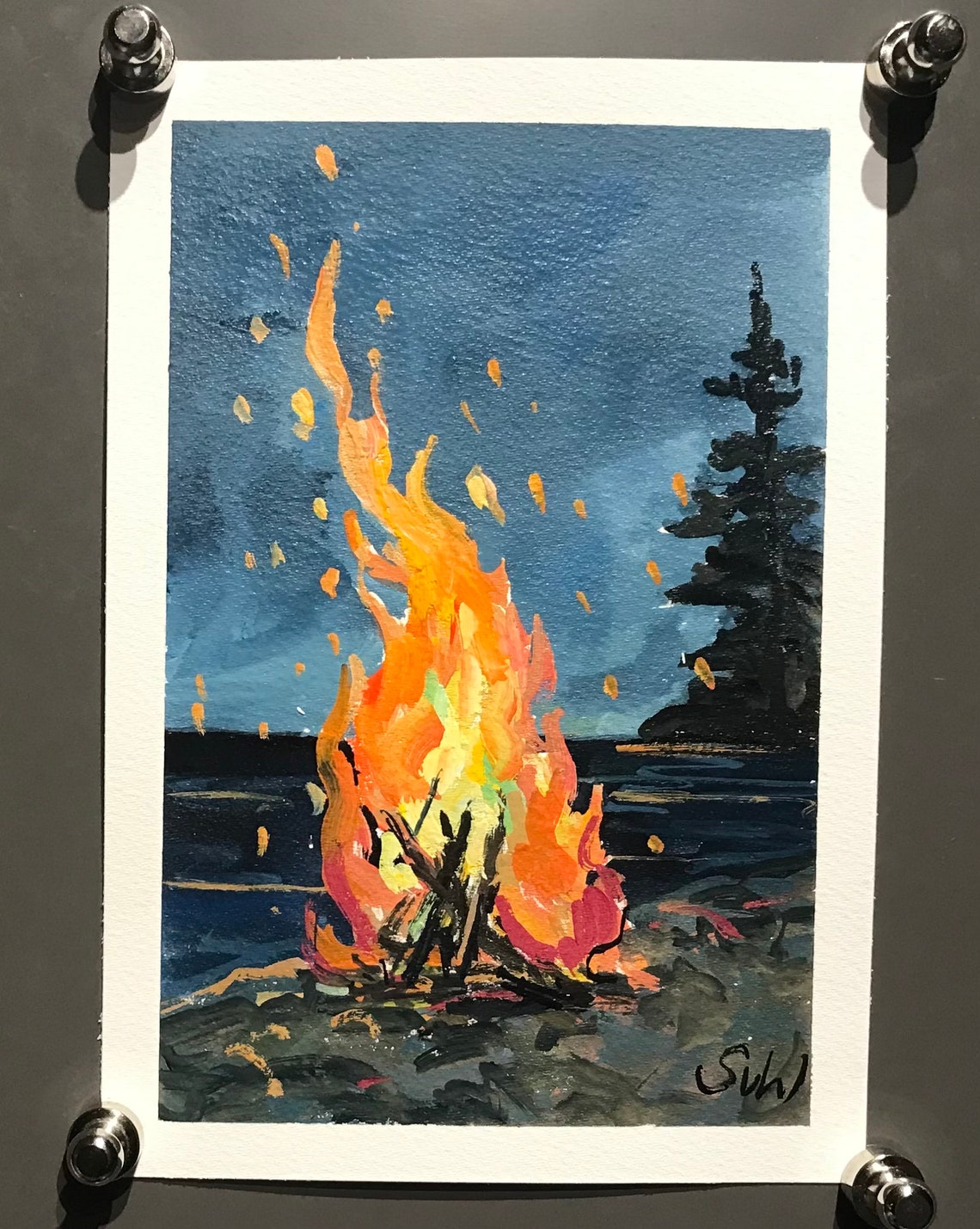 Bonfire Painting ,landscape Art Original Gouache Painting 7 X 5 - Etsy
