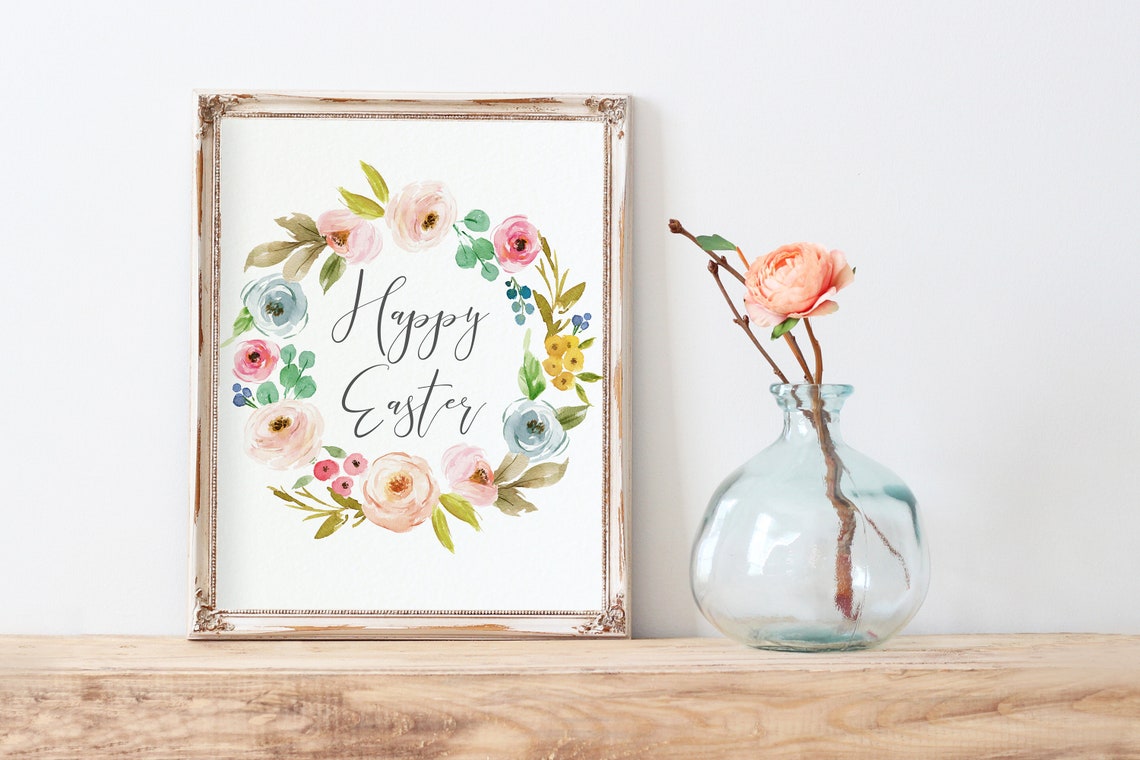 Happy Easter Print-happy Easter Wreath-happy Easter Sign-easter Decor-watercolor Wreath-spring ...