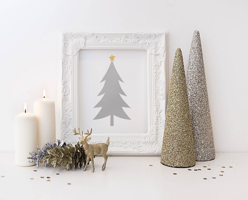 Silver and Gold Christmas Tree Print-Silver Tree Gold Star | Etsy