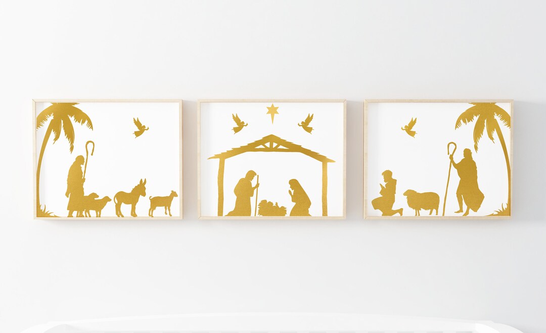 Nativity Scene Set of 3 Prints Gold-nativity Printable-nativity ...