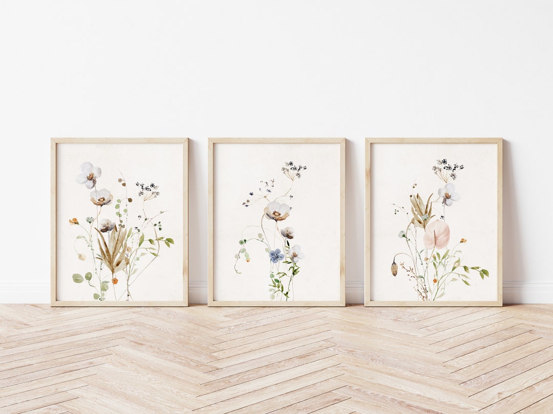 Floral Wall Art Set of 3 Prints-botanical Art Set of 3-wildflower ...