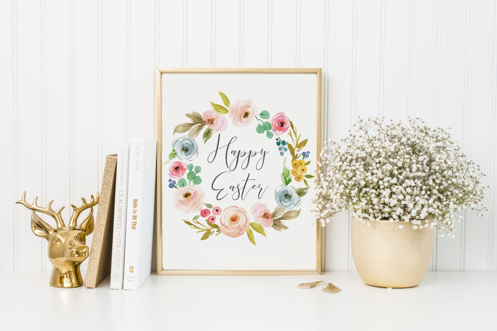 Happy Easter Print-happy Easter Wreath-happy Easter Sign-easter Decor-watercolor Wreath-spring ...