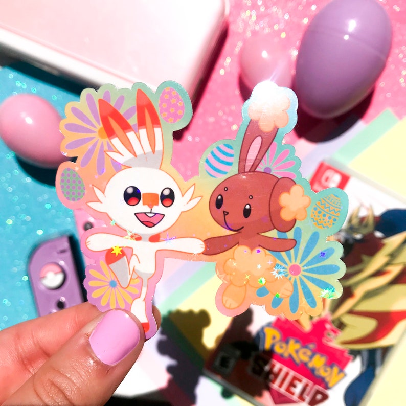 Pokemon Scorbunny and Buneary Easter Day Holographic Sticker - Etsy