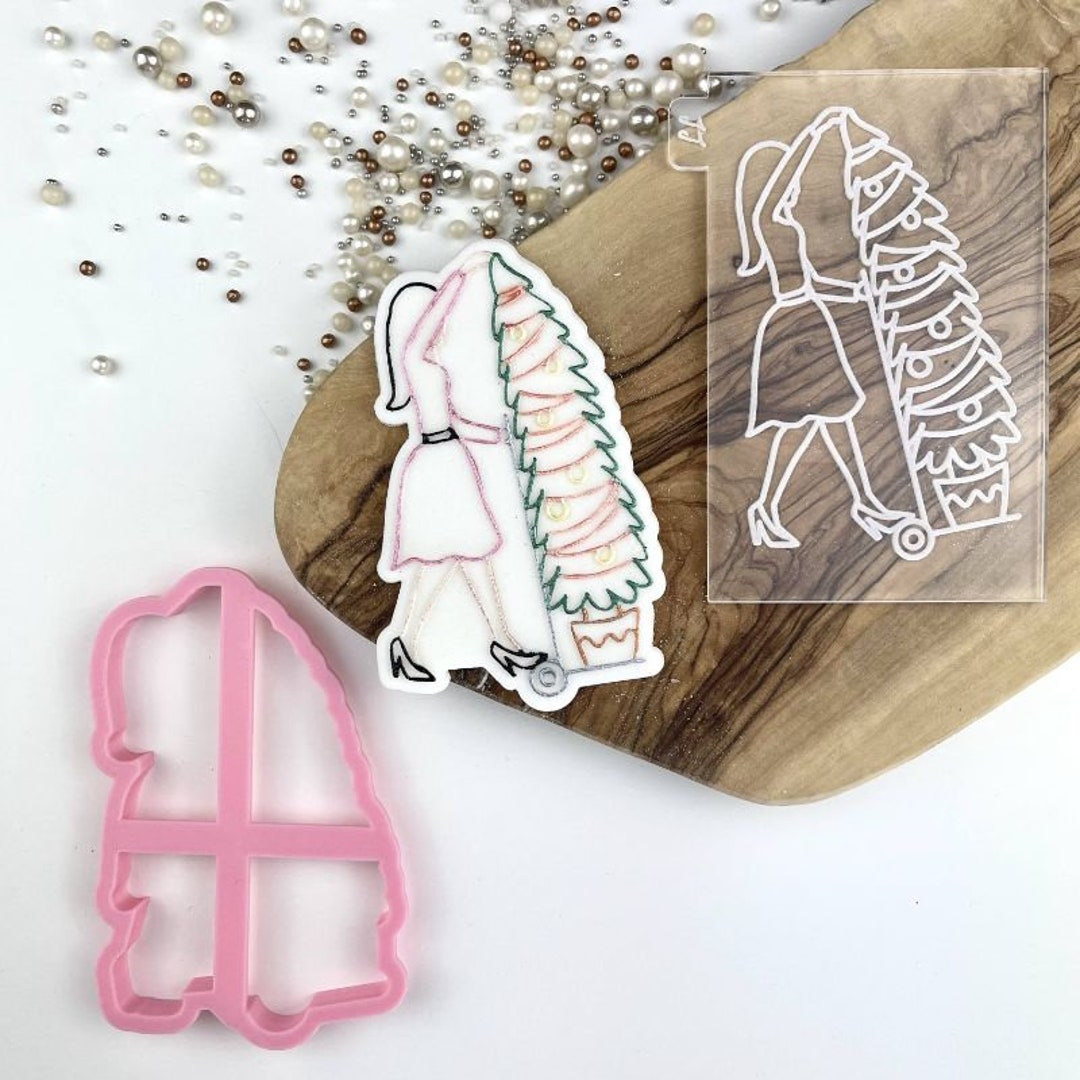 Woman Pushing Tree Cookie Cutter and Embosser, Christmas Cookie Cutter ...