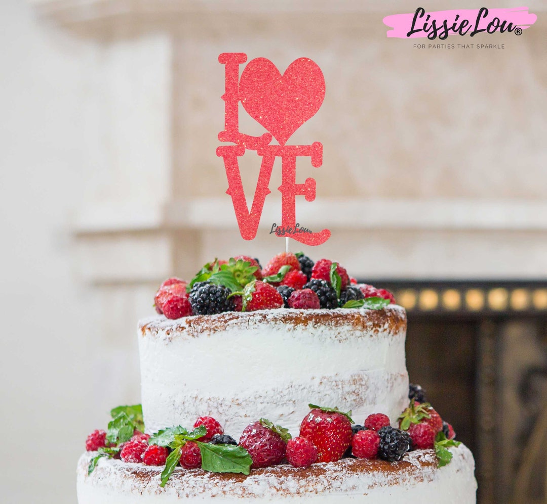 Love With Heart Cake Topper Glitter Card - Etsy