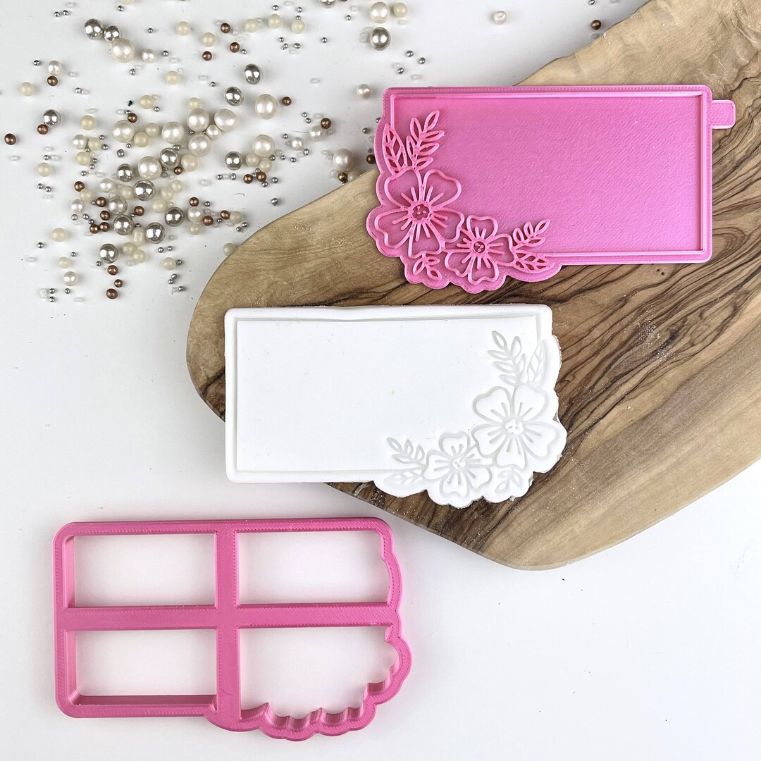 Rectangle With Flowers Cookie Cutter and Stamp, Floral Cookie Stamp ...