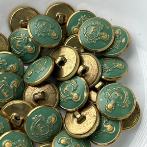 GOLD Embossed Green Metal BUTTONS 7/8" Vintage Shield Shank Buttons for ...