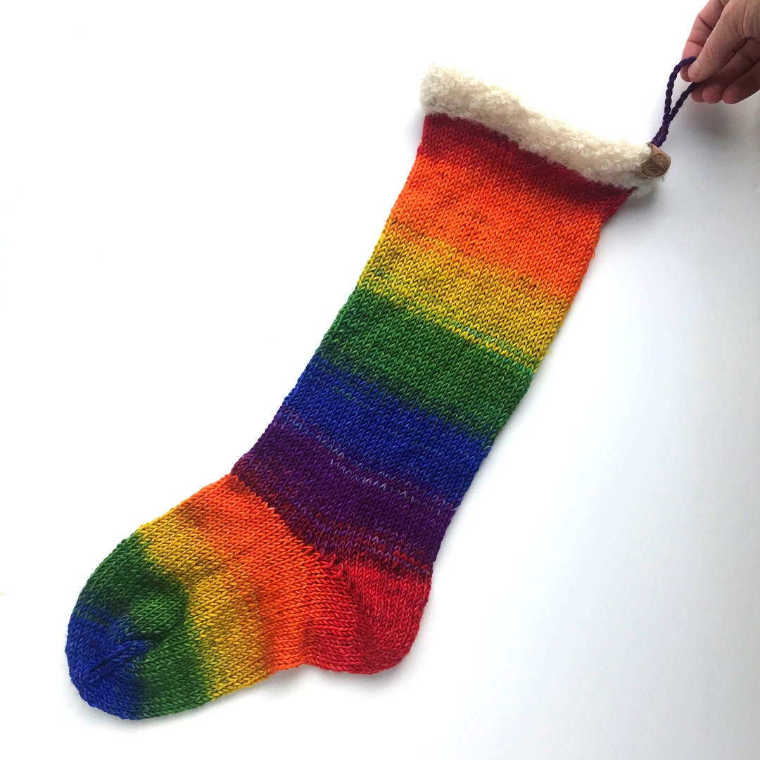 Rainbow Christmas Stocking, Hand-knitted in Self-striping Merino Wool ...