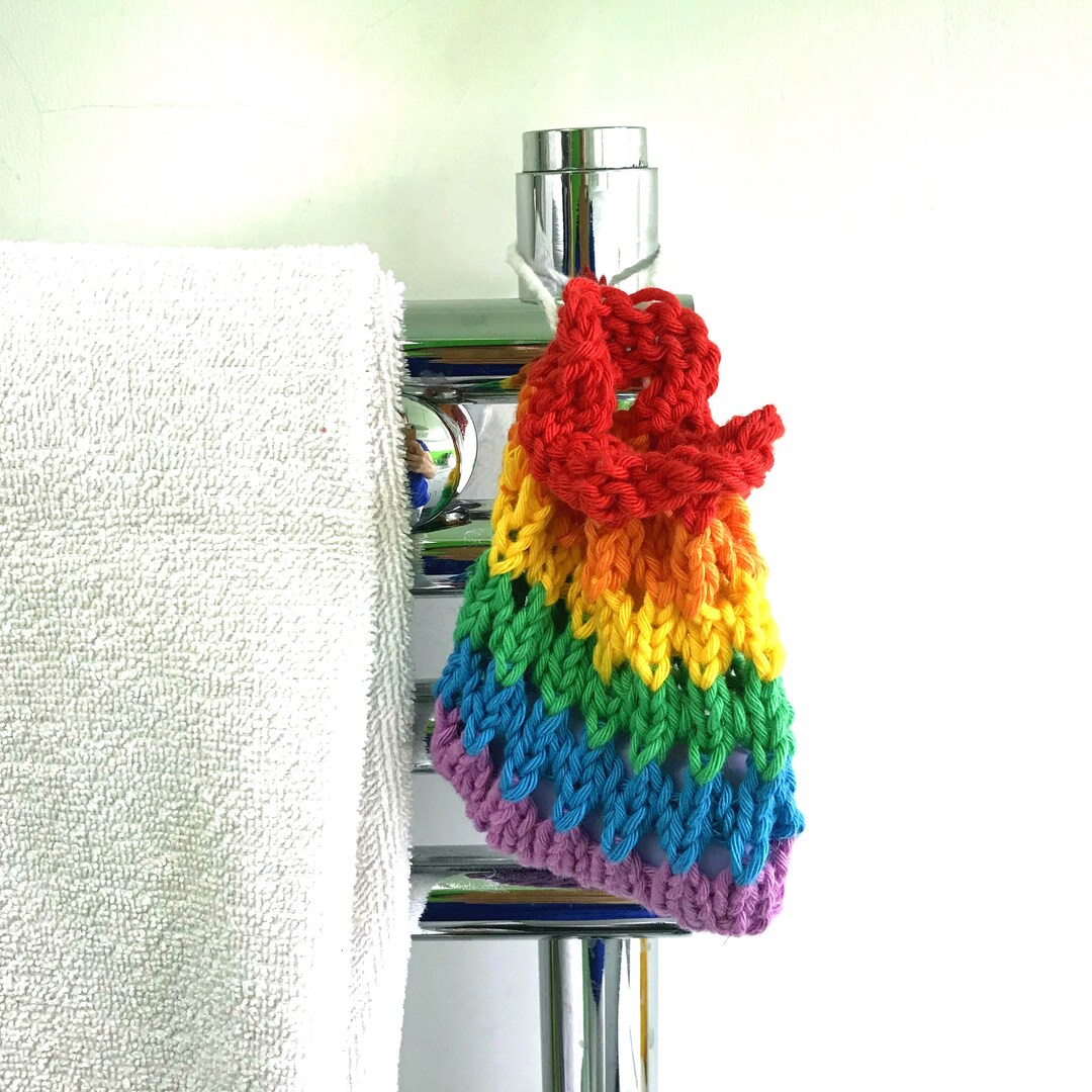 Rainbow Soap Saver Sack, Hand Knit Cotton Bag for Plastic-free Shampoo ...